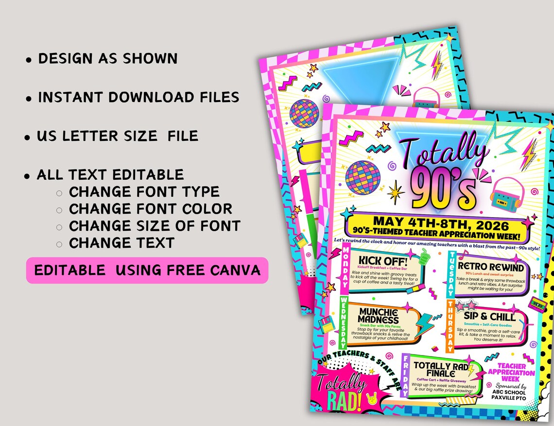 90s Teacher Appreciation Week Theme Flyer Template Canva Editable ...