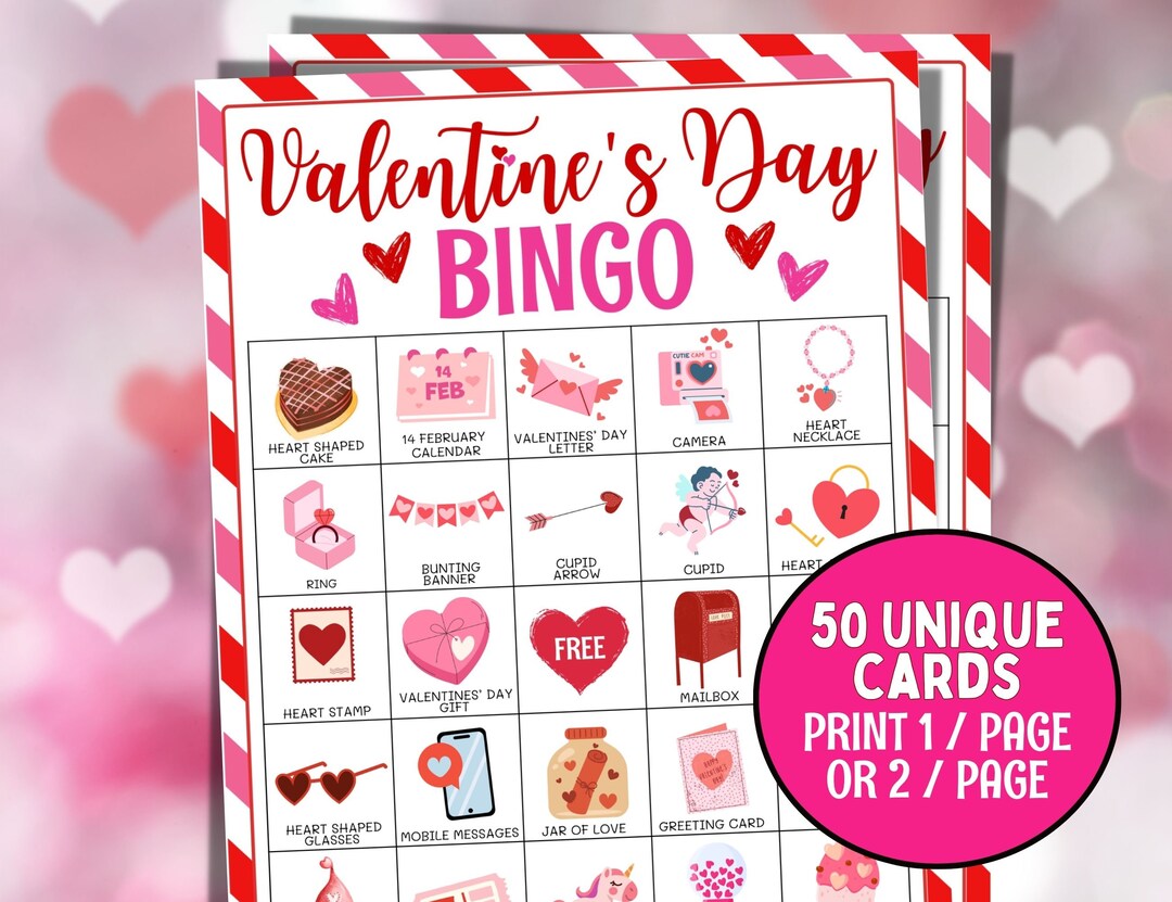 50 Valentines Bingo Cards, Printable Valentines Day Game for Kids ...