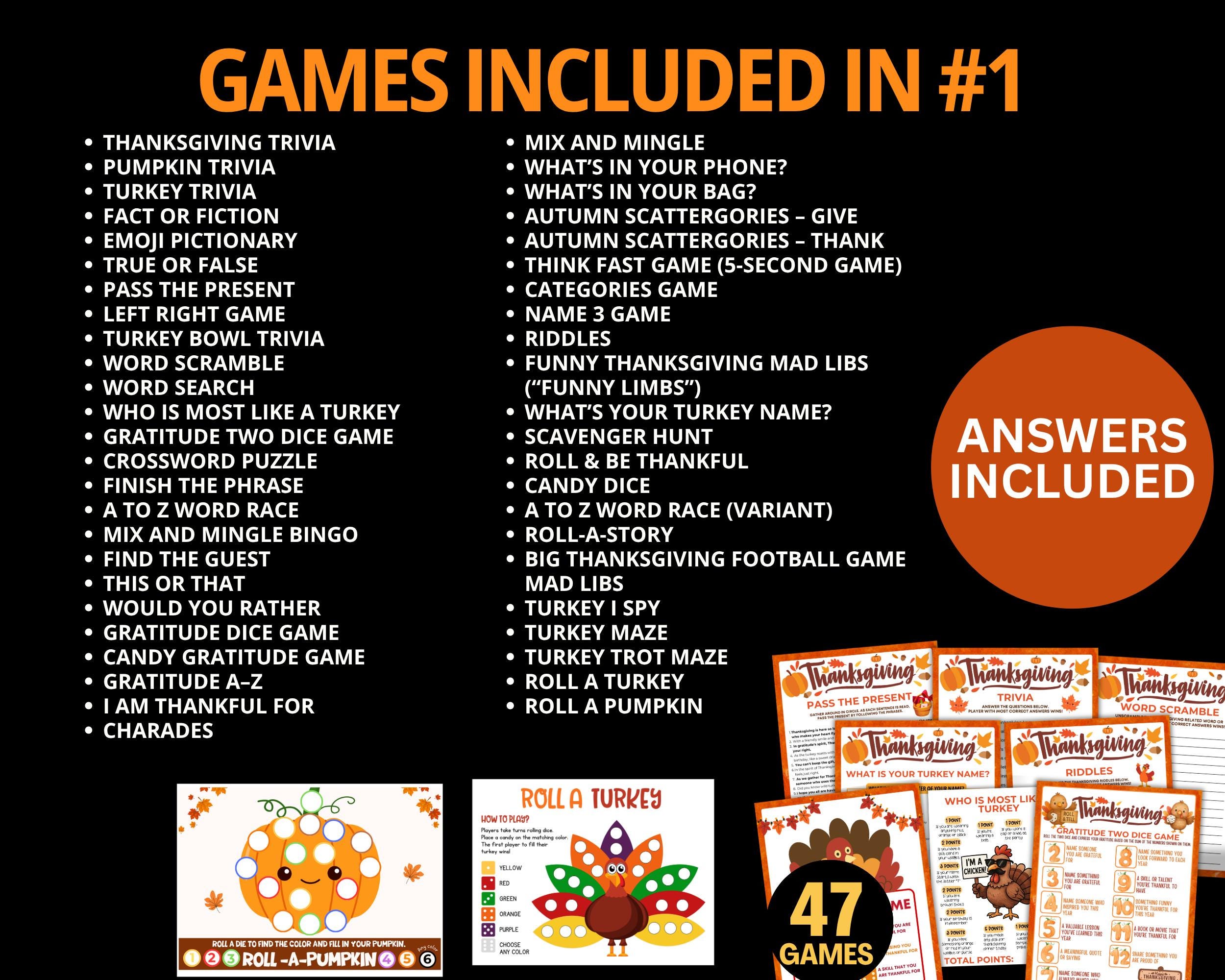 Thanksgiving Games Bundle, Family Thanksgiving Games for Adults Kids ...