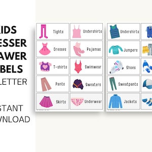 50 Kids Dresser Drawer Labels, Printable Kids Closet Storage Stickers ...