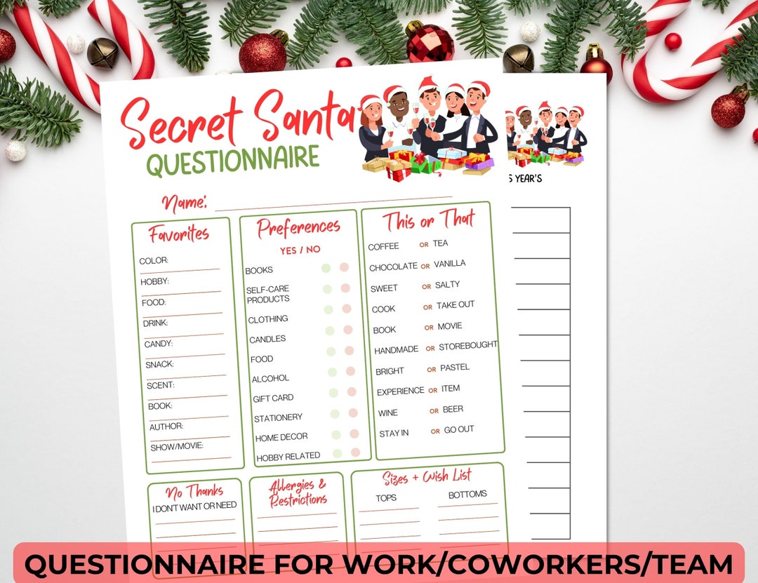Secret Santa Questionnaire for Coworkers, Secret Santa Form, Work ...