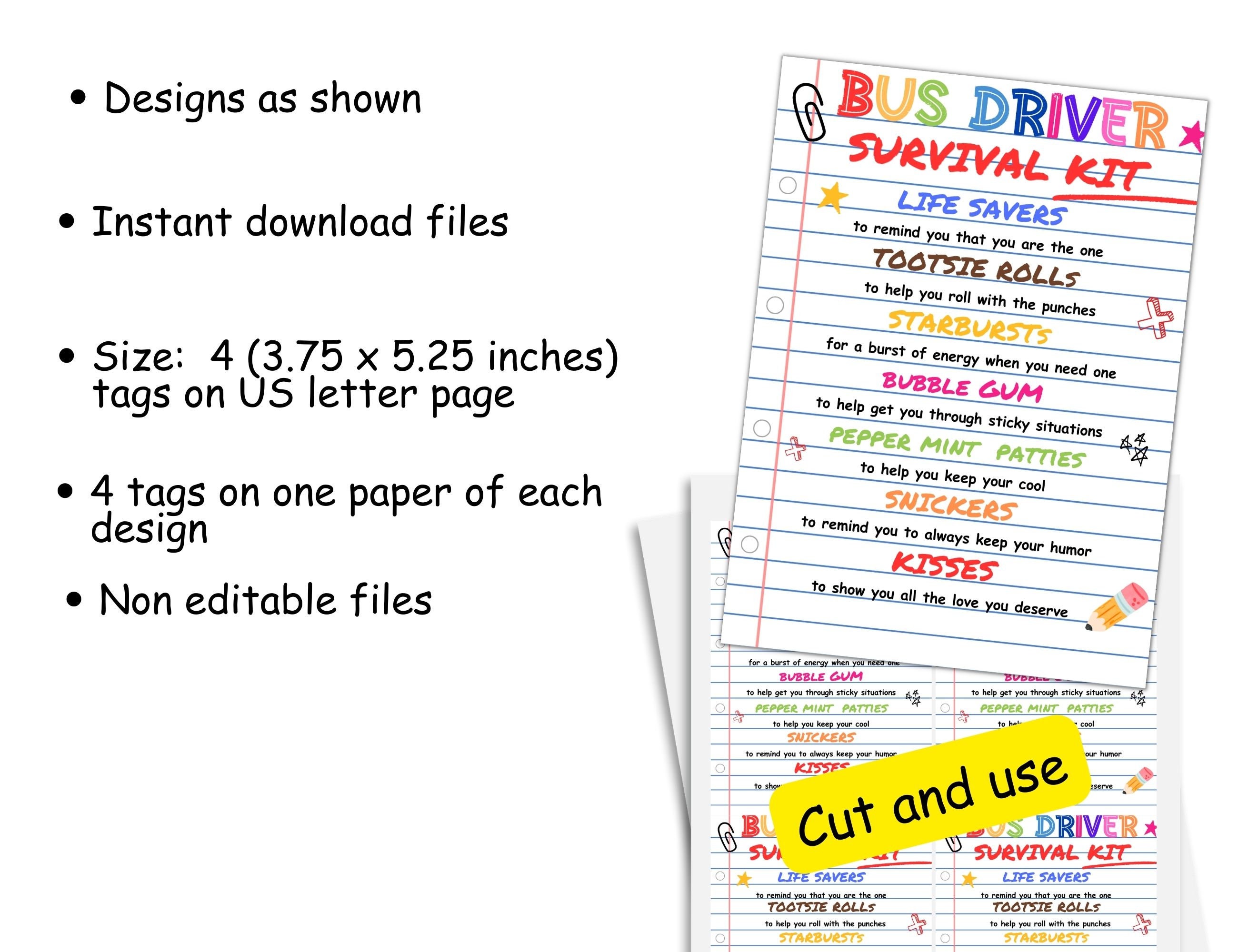 Bus Driver Survival Kit Gift Tag, School Bus Driver Thank You, Bus ...