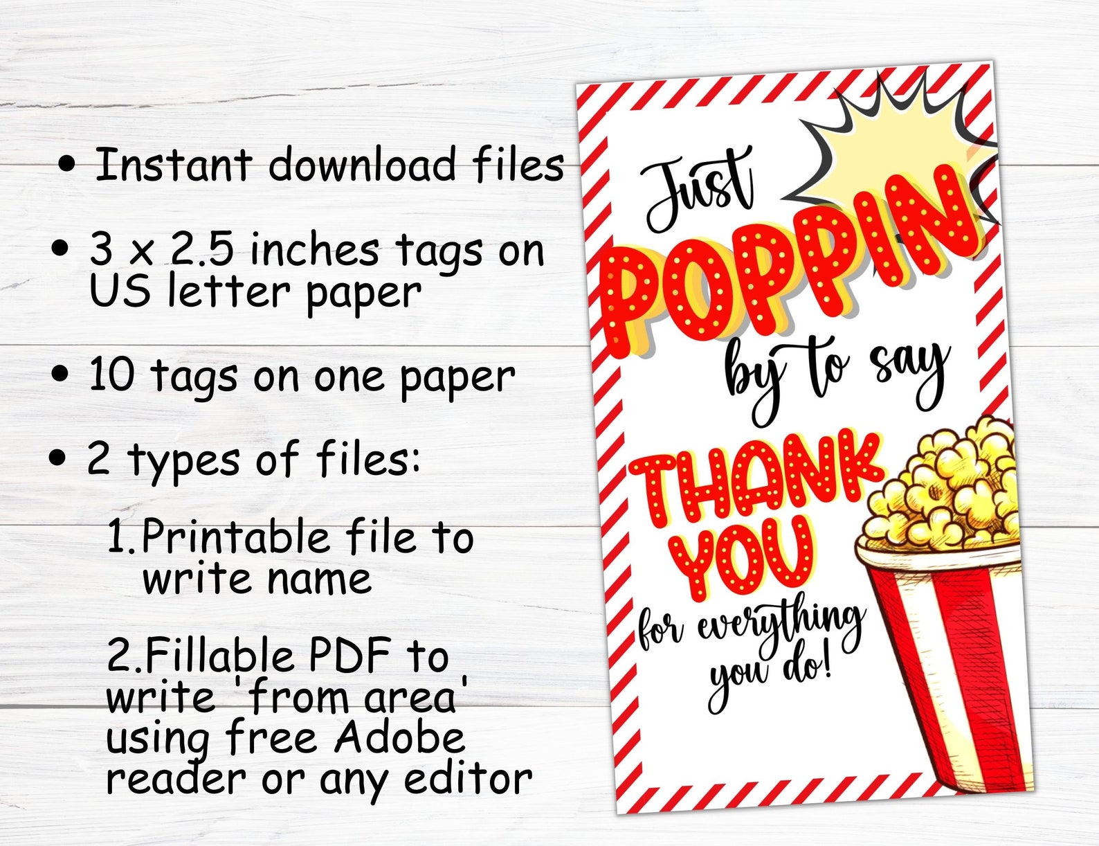 Popcorn Gift Tag, Popcorn Appreciation Tag, Poppin by to Say Thank You ...
