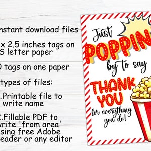 Popcorn Gift Tag, Popcorn Appreciation Tag, Poppin by to Say Thank You ...
