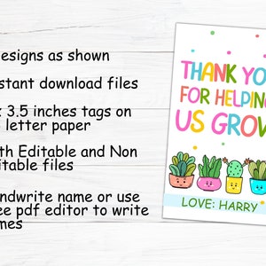 Succulent Teacher Appreciation Gift Tags, Thank You for Helping Us Grow ...