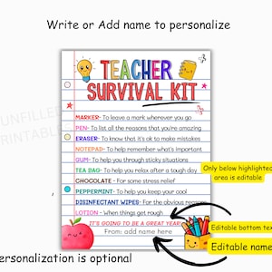 Back to School Teacher Survival Kit Tag, Teacher Gift, New Teacher Back ...