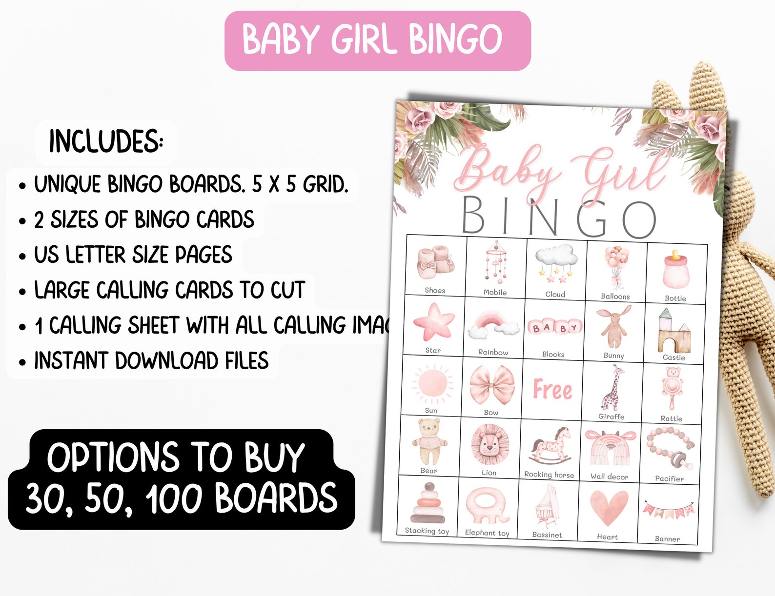 Girl Baby Bingo, Baby Girl Shower Bingo Game, 30 Prefilled Pink Floral ...