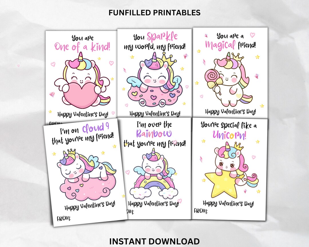 Printable Unicorn Valentines Day Cards, Cute Unicorn Girls Valentine ...