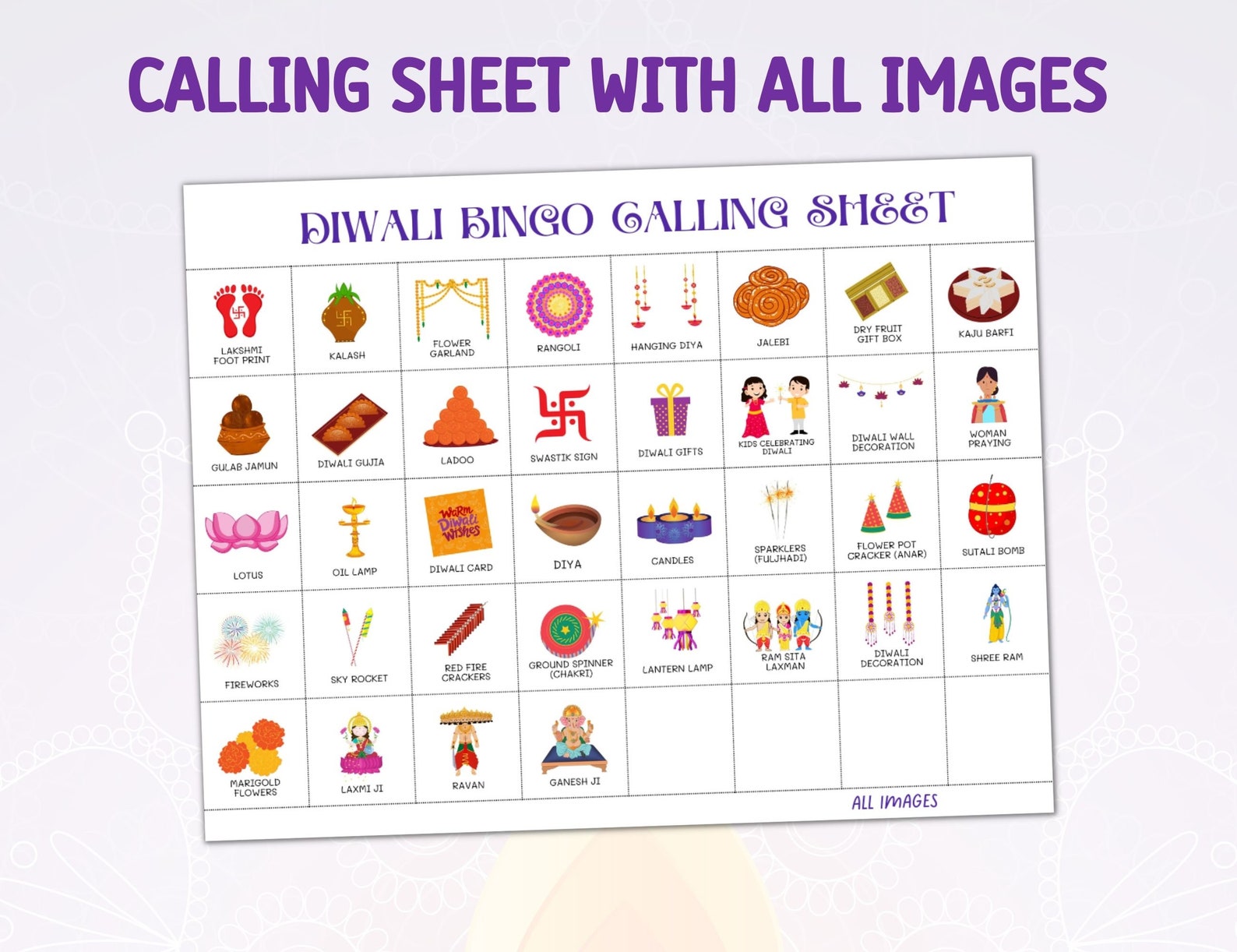 Diwali Game, Diwali Bingo, Diwali Party Games, 30 Diwali Bingo Cards ...
