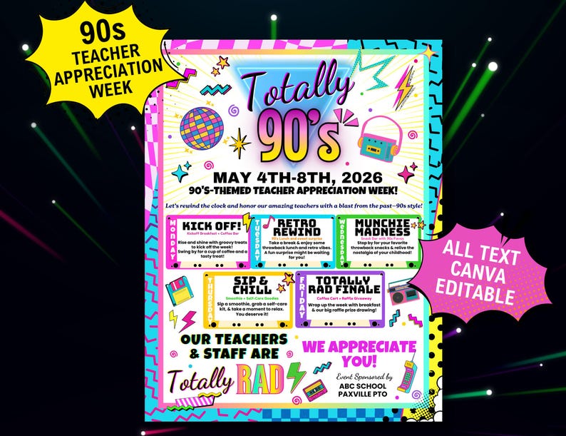 Retro 90s Theme Teacher Appreciation Week Flyer Template Canva Editable ...