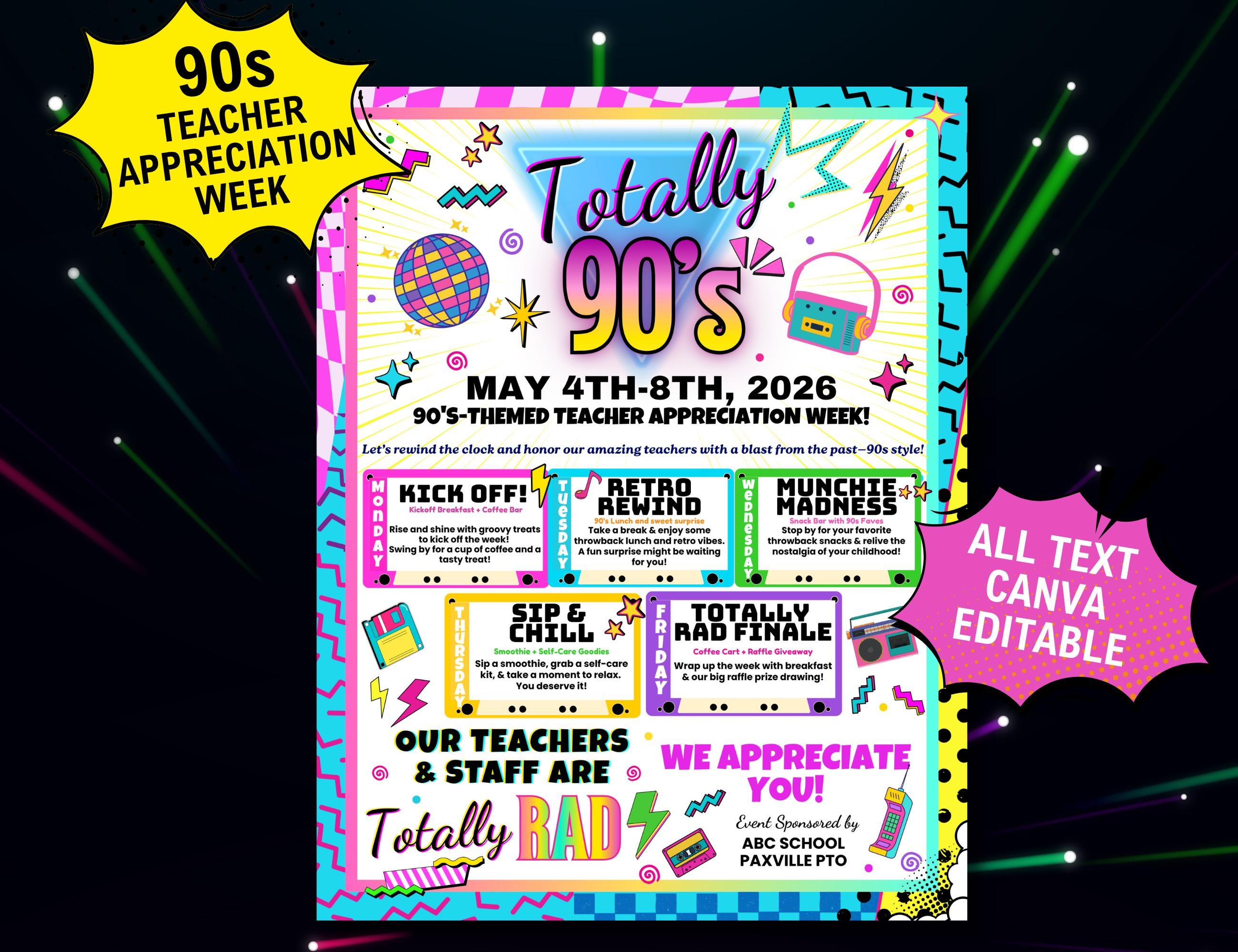 Retro 90s Theme Teacher Appreciation Week Flyer Template Canva Editable ...