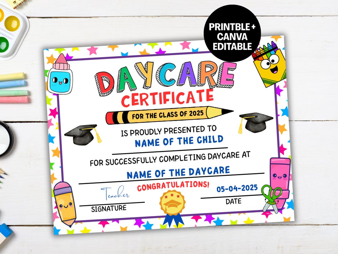 Printable Daycare Graduation Certificate Editable, 2025 Daycare Diploma ...