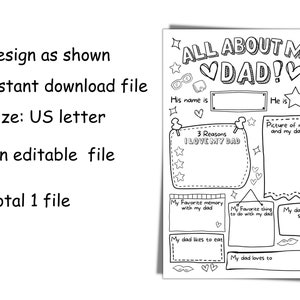 All About My Dad Printable Father's Day Questionnaire Dad, DIY Gift for ...