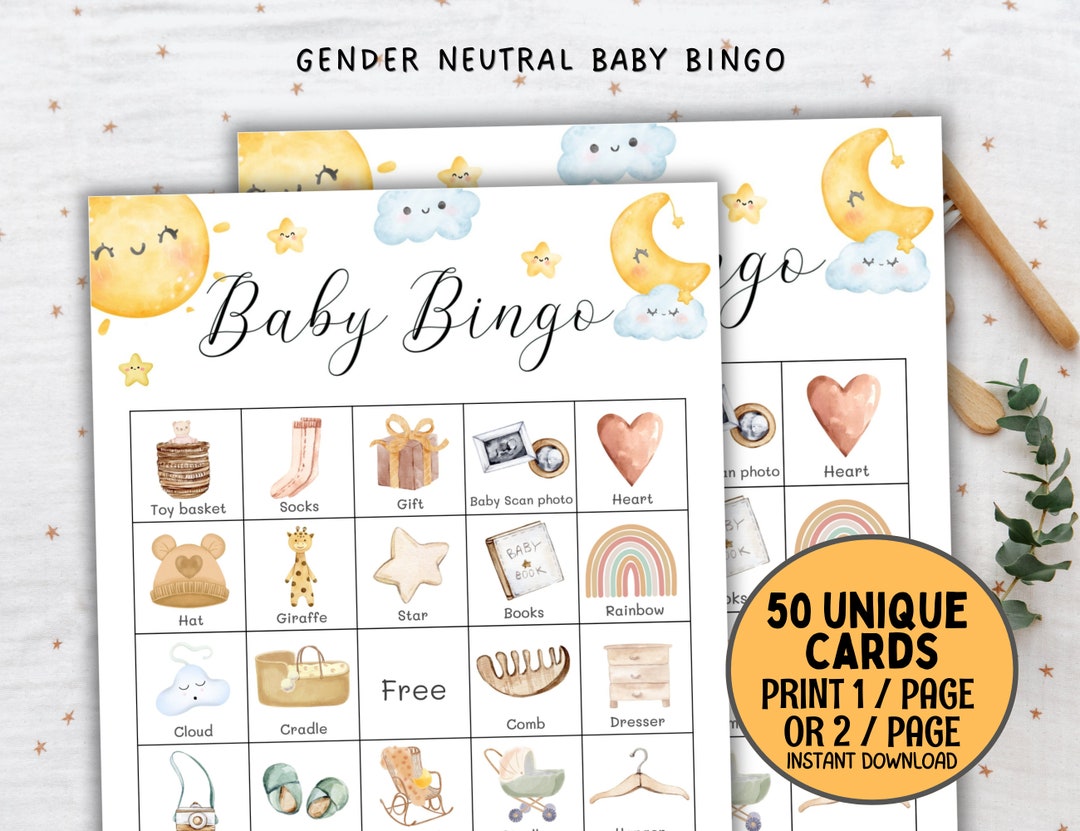 50 Baby Shower Bingo Cards, Gender Neutral Baby Shower Game Activity ...