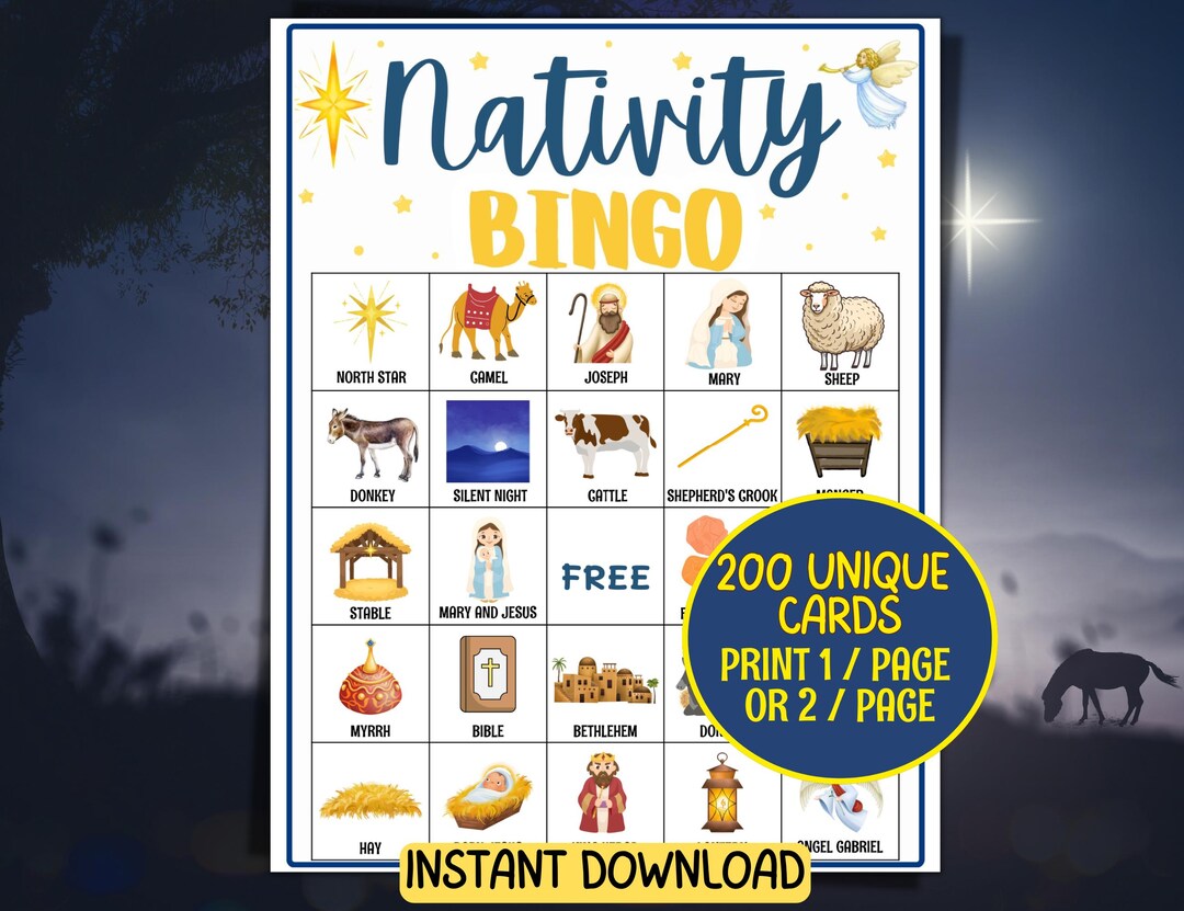 200 Nativity Bingo Cards, Christmas Nativity Bingo, Printable Nativity Game Activity, Christmas ...