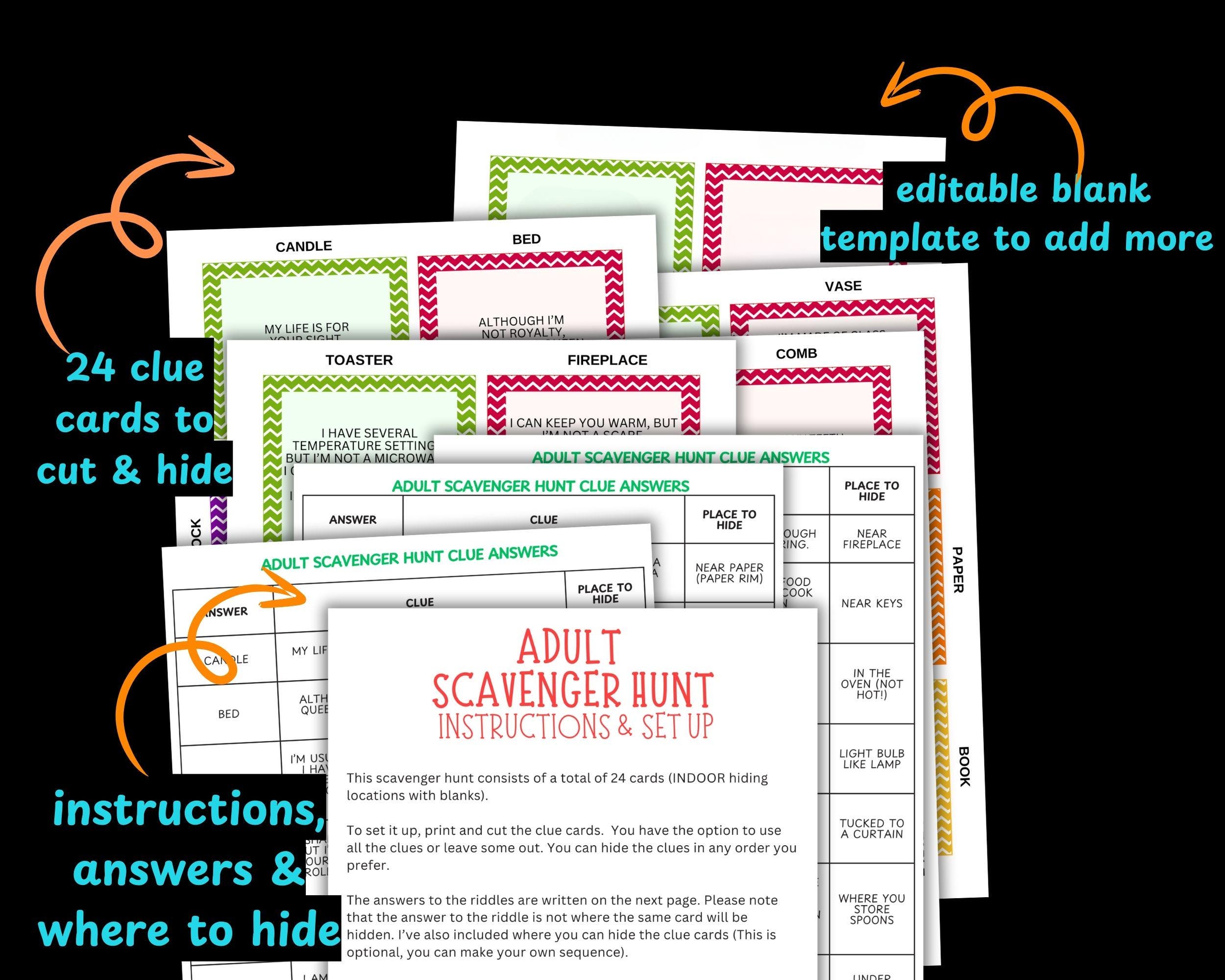 Adult Scavenger Hunt Clues Printable, Tricky Adult Treasure Hunt, Hard ...