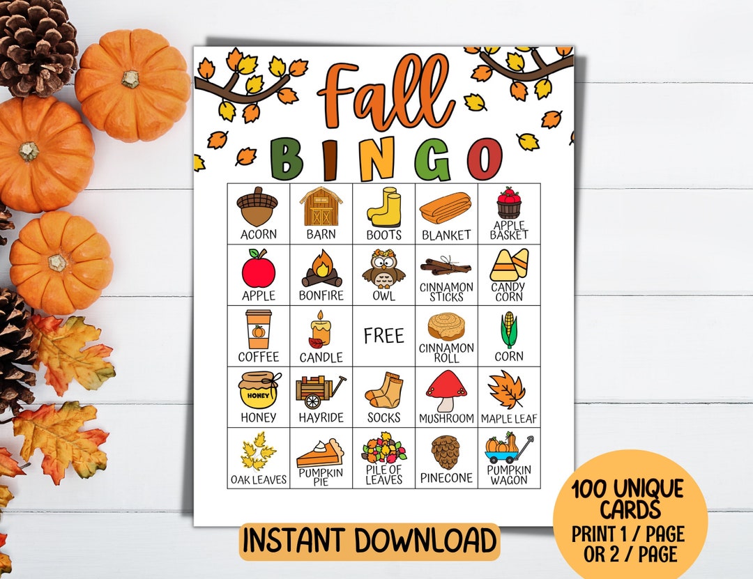100 Fall Bingo Cards, Autumn Fall Games, Autumn Bingo Printable, Kids ...