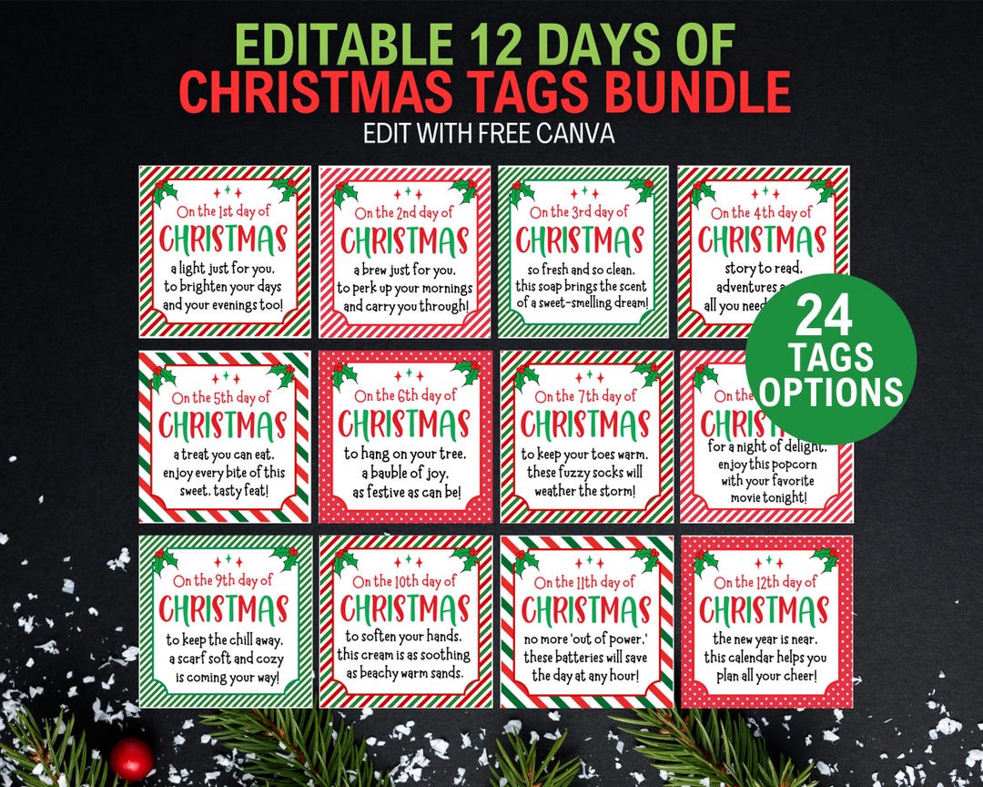 12 Days of Christmas Tags, Editable Printable Christmas Gift Tags ...