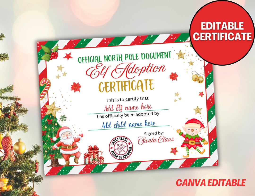 Elf Adoption Certificate Editable Christmas Elf Certificate for ...