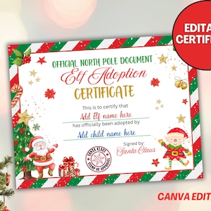 Elf Adoption Certificate Editable Christmas Elf Certificate for ...