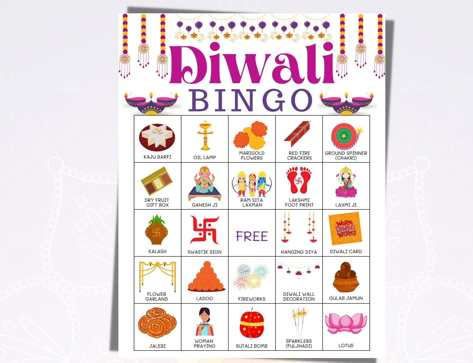 150 Diwali Bingo Cards, Diwali Bingo, Diwali Game, Printable Diwali ...
