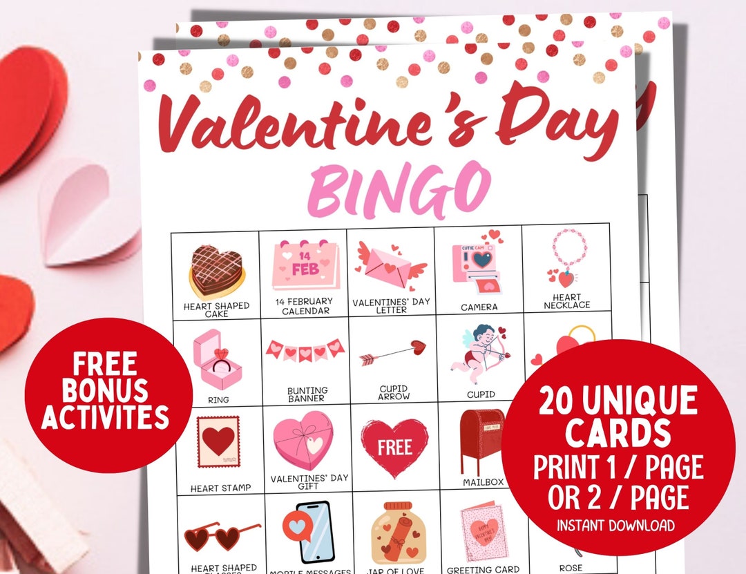 20 Valentines Day Bingo Cards, Printable Valentines Game, Valentines ...