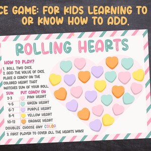 Valentines Day Candy Dice Game, Printable Rolling Hearts Valentine ...