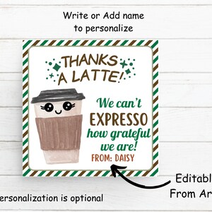Thanks A Latte Coffee Gift Tag, Coffee Thank You Tag, Employee Staff ...