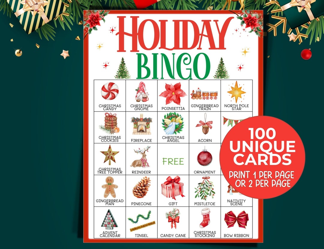 100 Holiday Bingo Cards, Holiday Party Game, Printable Christmas Bingo ...