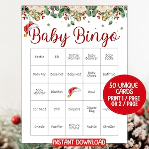50 Christmas Baby Shower Baby Bingo Cards, Santa Baby Shower Games ...