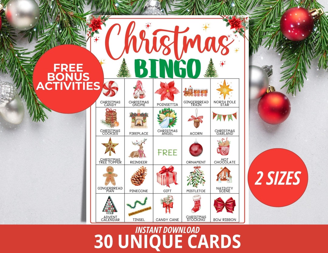 30 Christmas Bingo Cards, Fun Christmas Games, Printable Christmas ...