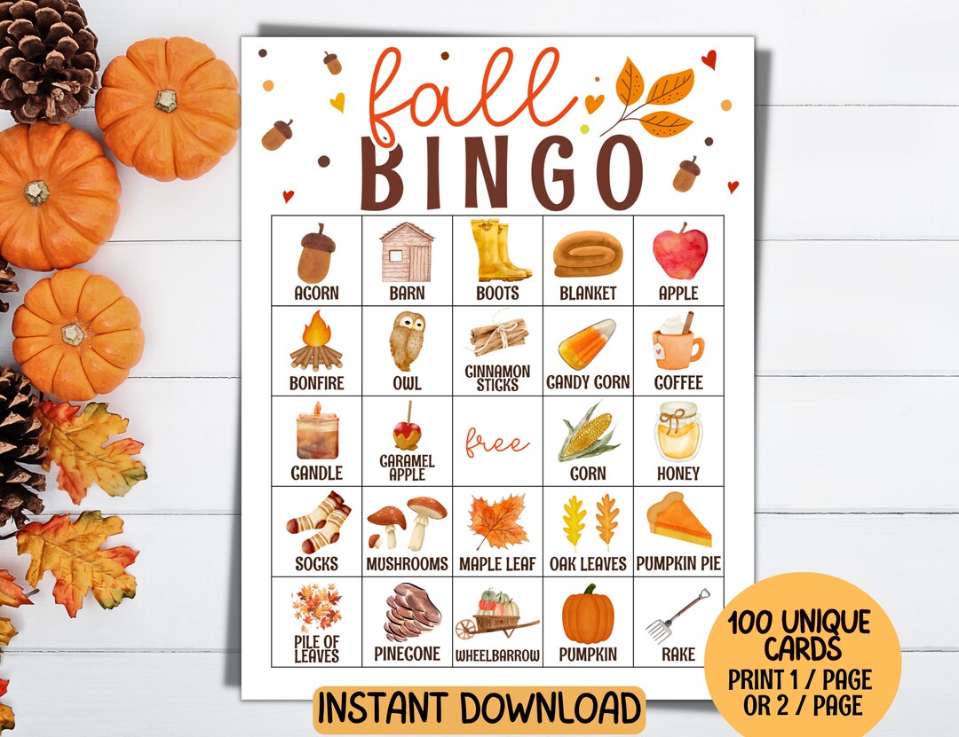 Fall Bingo, 100 Fall Bingo Cards, Fall Party Games, Autumn Bingo ...