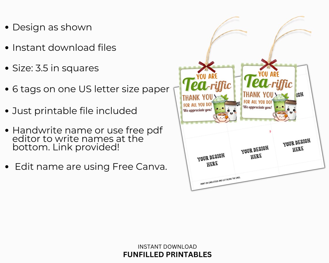 Tea Gift Tag, You Are Tea-rrific Tea Appreciation Tag, Teacher Staff ...