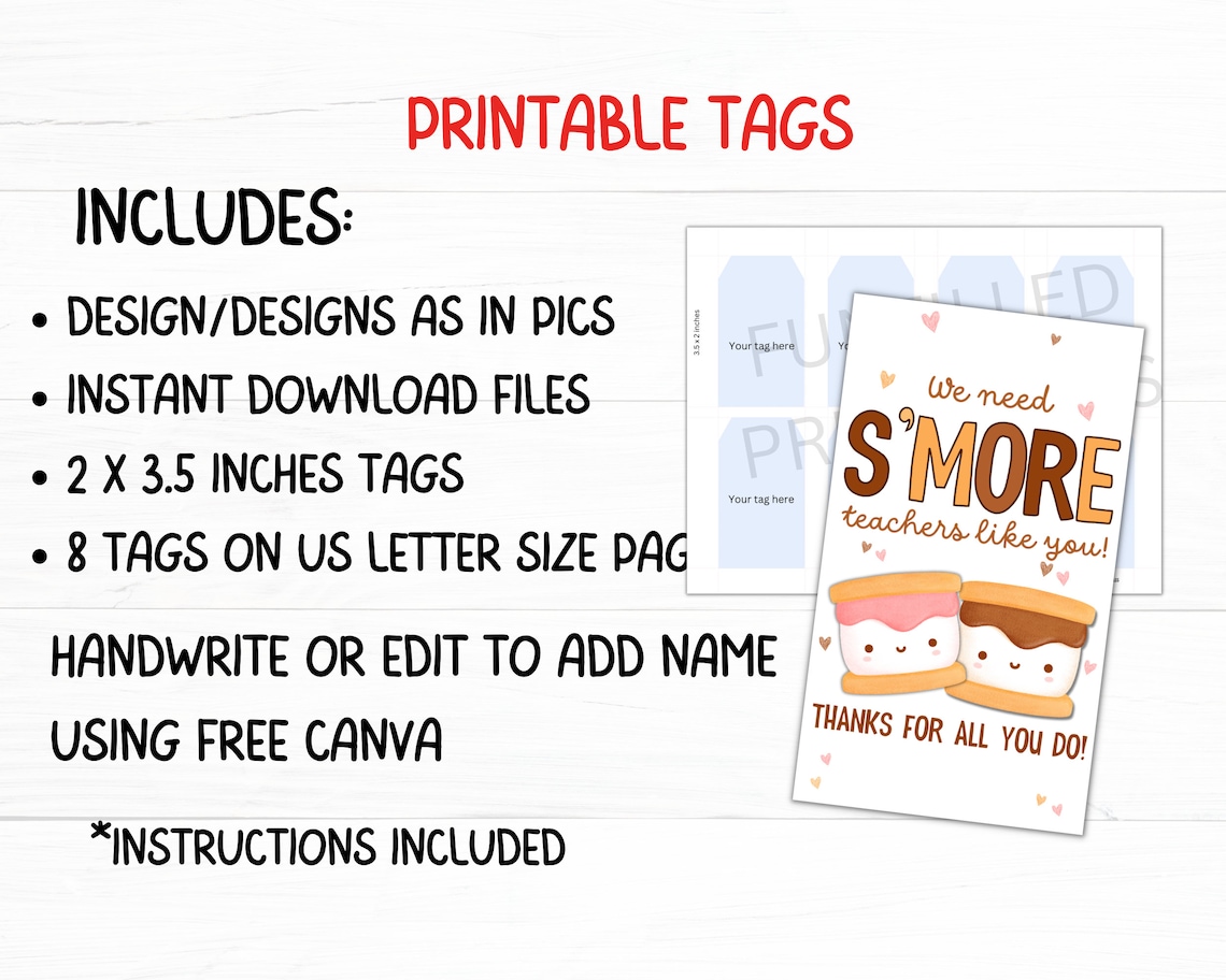 Teacher Smores Gift Tag, Smore Teacher Appreciation Tag, Smore Teacher ...