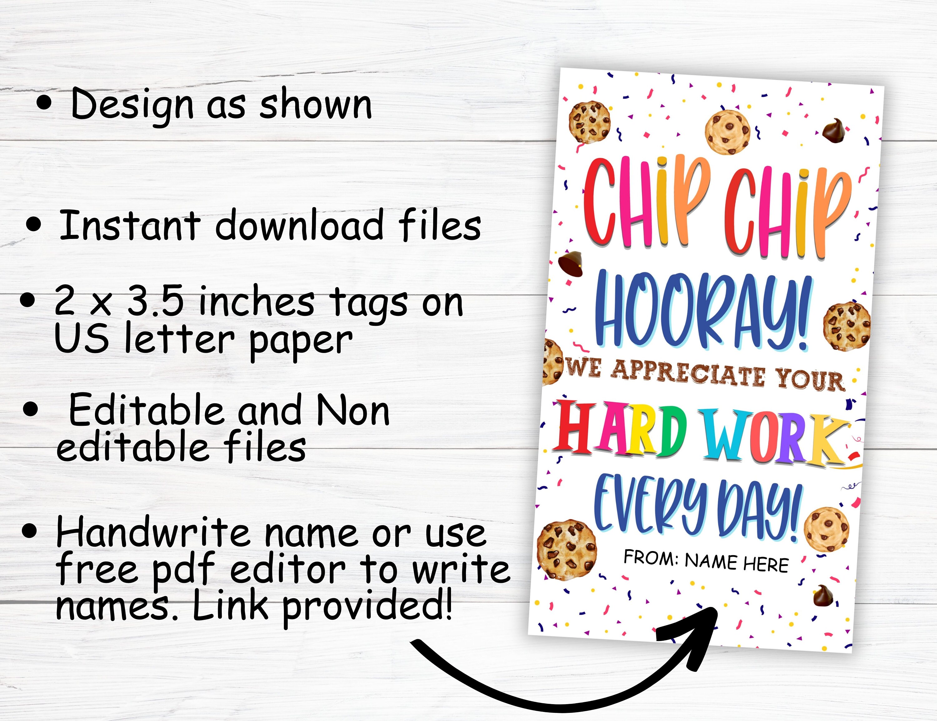 Cookie Appreciation Gift Tag, Chip Chip Hooray Cookie Tag Printable ...