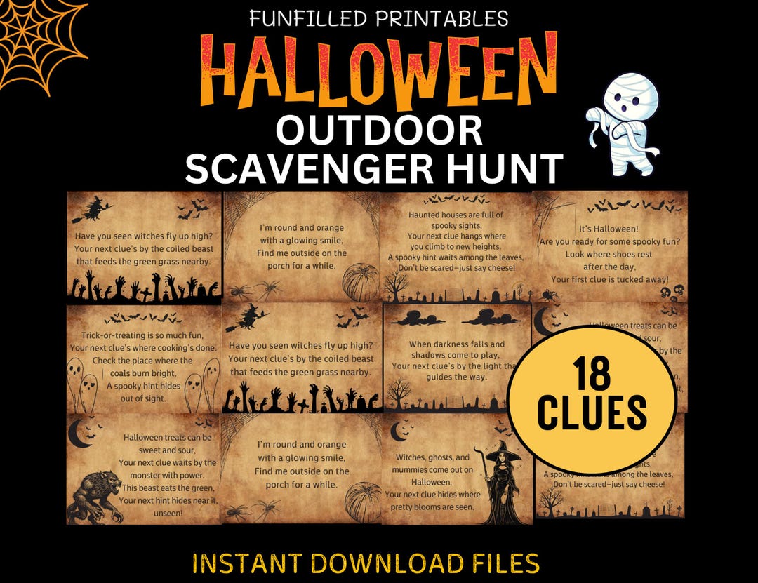 Outdoor Halloween Scavenger Hunt, Kids Halloween Treasure Hunt Clues ...