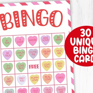 Valentines Bingo Game, Conversation Hearts Bingo, Printable Kids ...