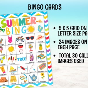 Summer Bingo, 30 Summer Bingo Cards Printable, Fun Summer Games Kids ...