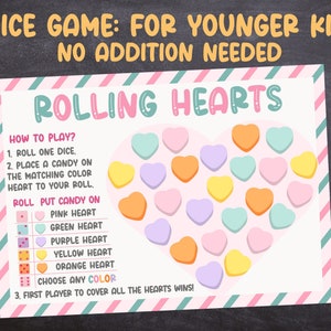 Valentines Day Candy Dice Game, Printable Rolling Hearts Valentine ...