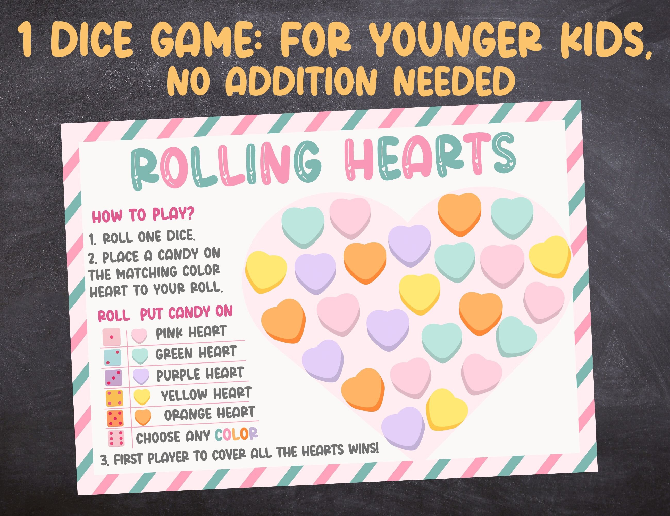 Valentines Day Candy Dice Game, Printable Rolling Hearts Valentine ...