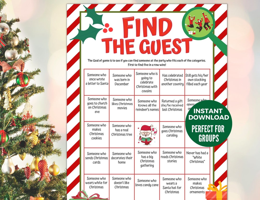 Printable Christmas Find the Guest Bingo Game, Find Someone Who Jingle ...