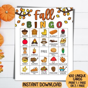 100 Fall Bingo Cards, Autumn Fall Games, Autumn Bingo Printable, Kids ...