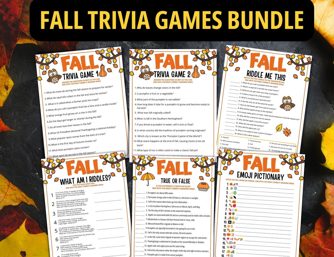 Printable Fall Games Bundle, Fall Trivia Games for Kids Adults, Autumn ...