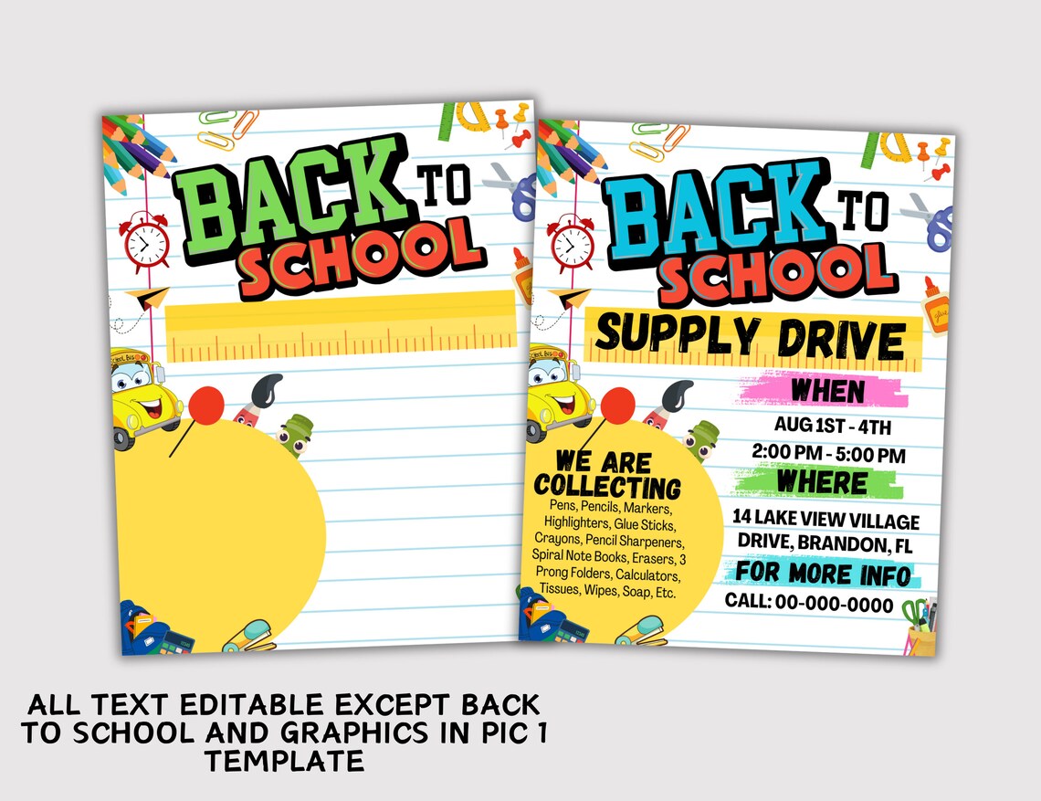 Editable School Supply Drive Flyer Template, Printable Back to School ...