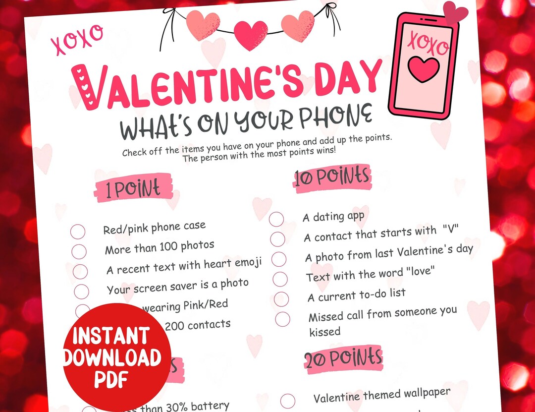 Valentine's Day What's on Your Phone Game, Phone Scavenger Hunt, Adult ...