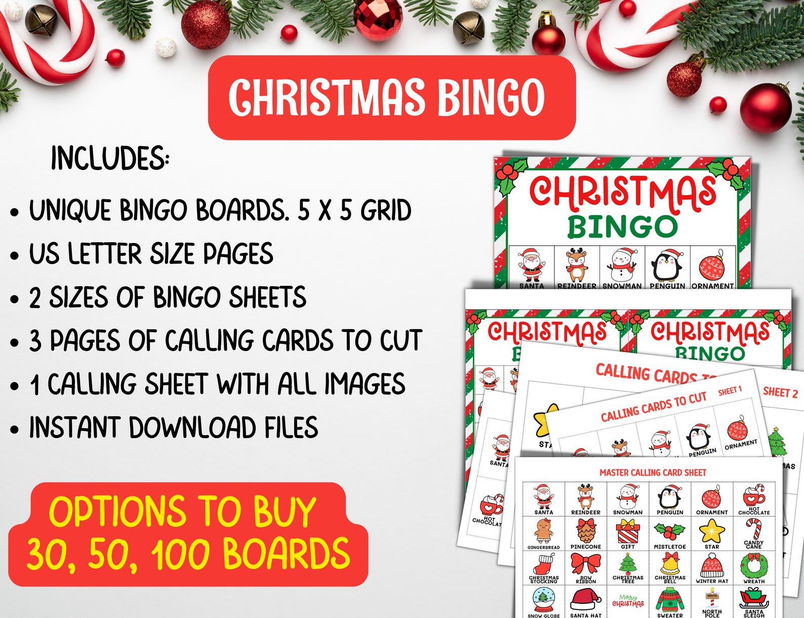 100 Christmas Bingo Cards, Printable Christmas Bingo for Kids, Fun ...