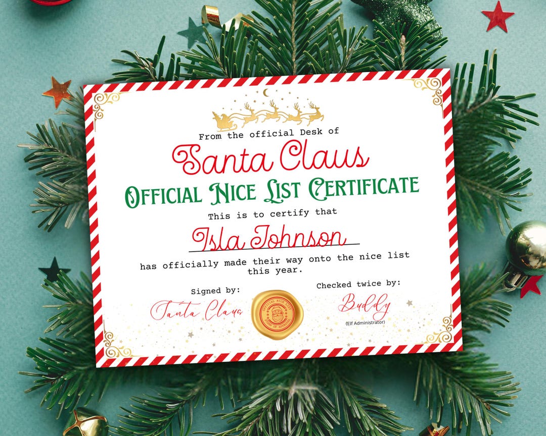 Santa Nice List Certificate Template, Editable Personalized Santa ...