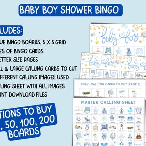 100 Baby Boy Shower Bingo Cards, Boy Baby Shower Games, Printable Blue ...