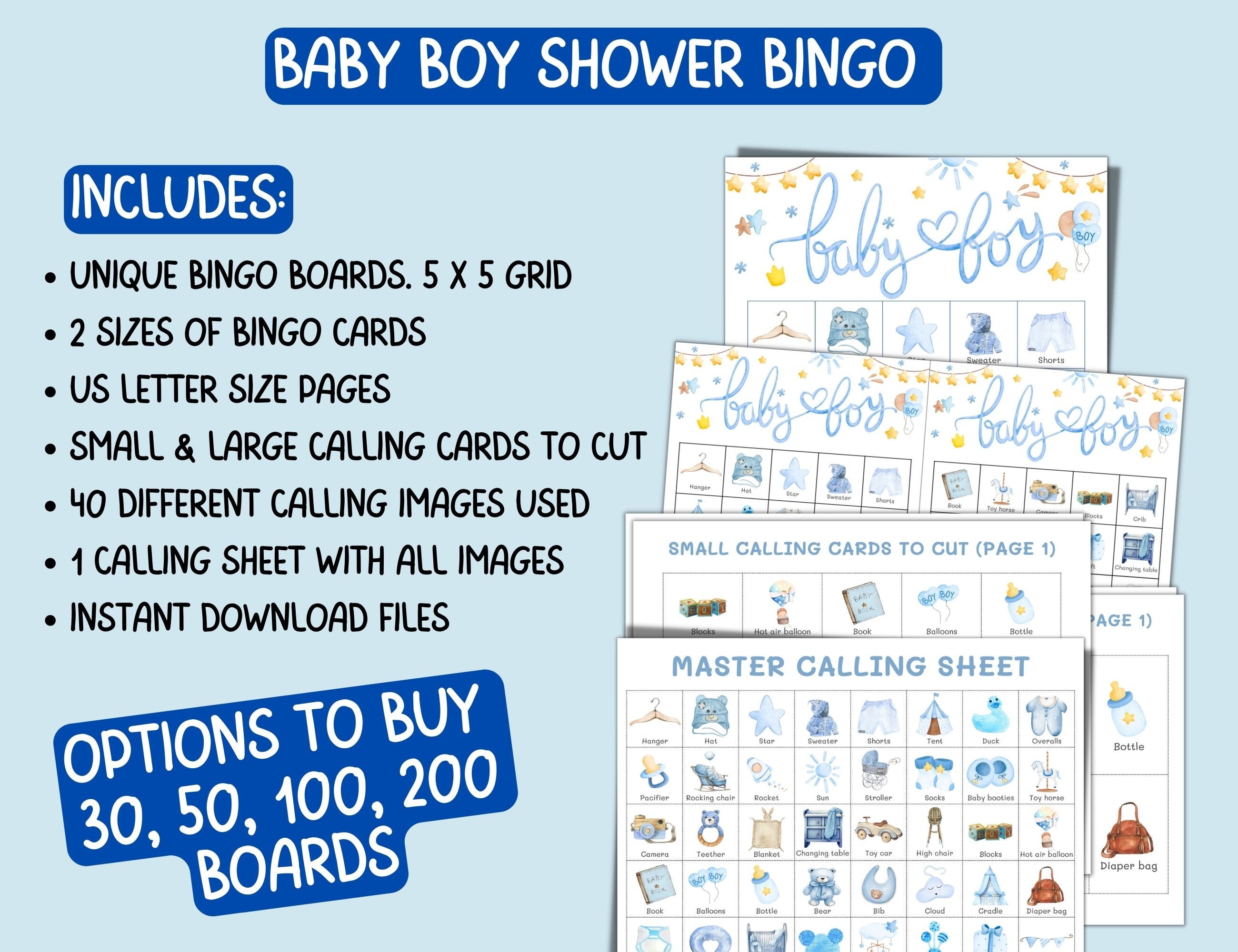 100 Baby Boy Shower Bingo Cards, Boy Baby Shower Games, Printable Blue ...