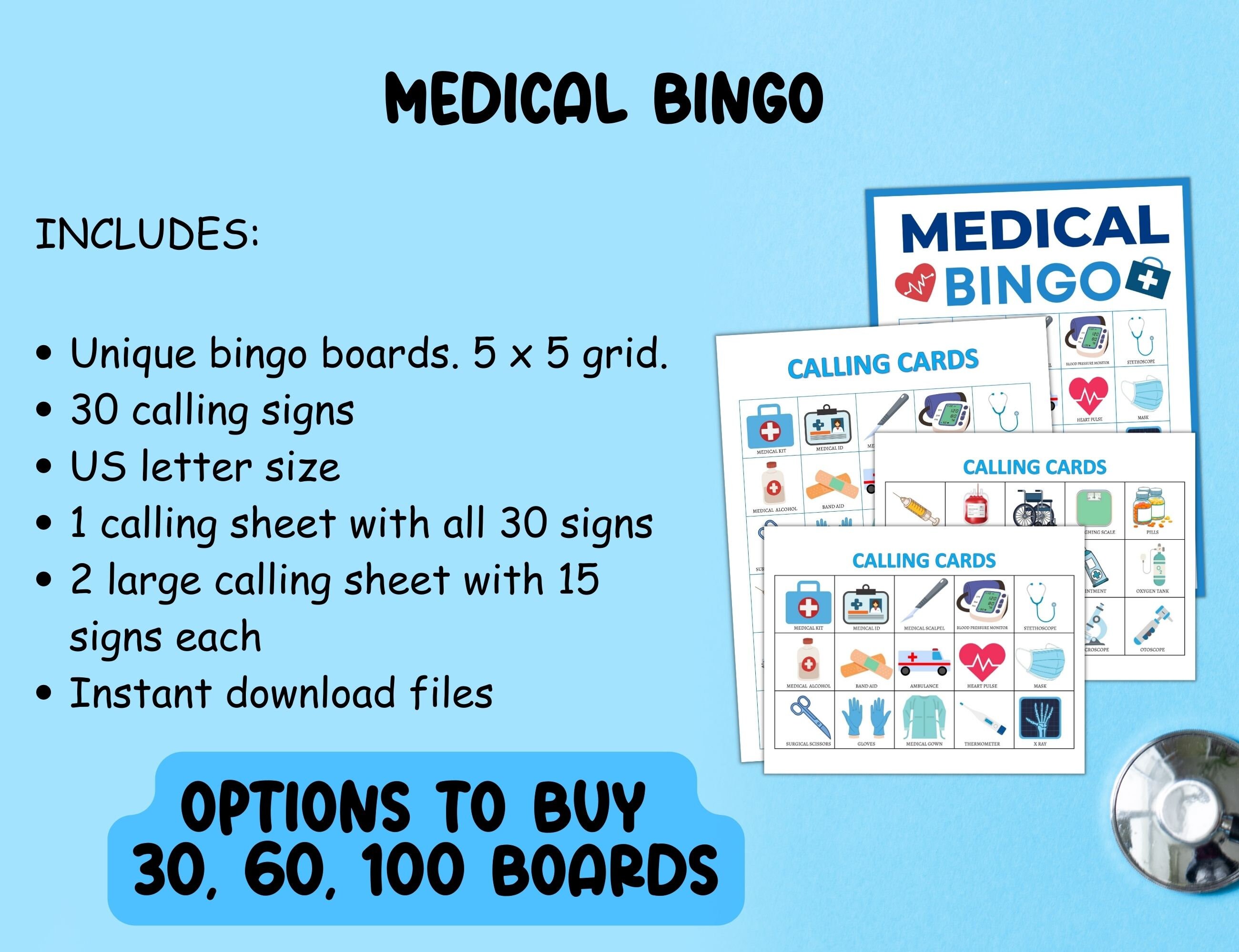 Medical Bingo, Nurse Bingo, 30 Printable Bingo Sheets, Nurse/doctor ...